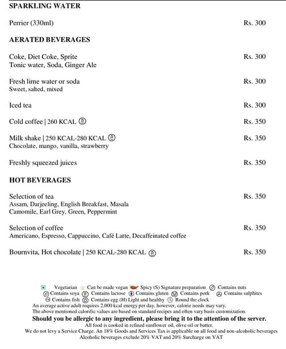 Menu at Jal Mahal- Trident Jaipur, Jaipur