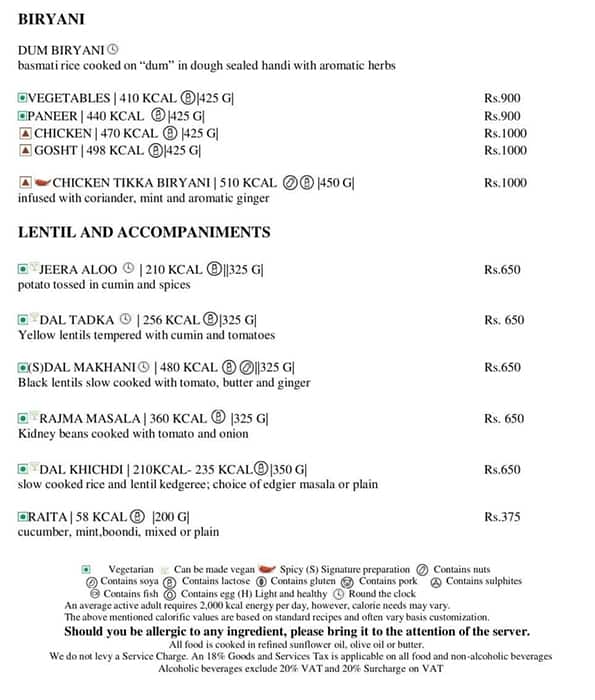 Menu at Jal Mahal- Trident Jaipur, Jaipur