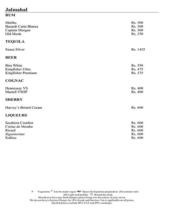 Menu at Jal Mahal- Trident Jaipur, Jaipur