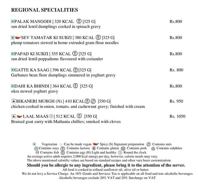 Menu at Jal Mahal- Trident Jaipur, Jaipur