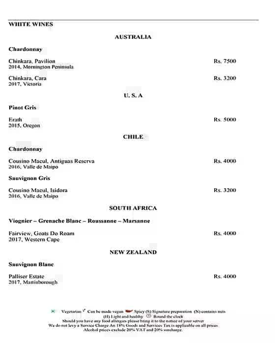 Menu of Jal Mahal- Trident Jaipur, Amer Road, Jaipur