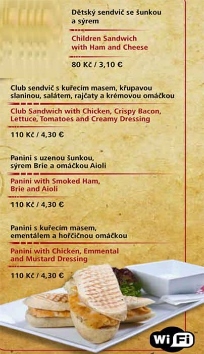 Menu at Café Rožmberský palác cafe, Prague