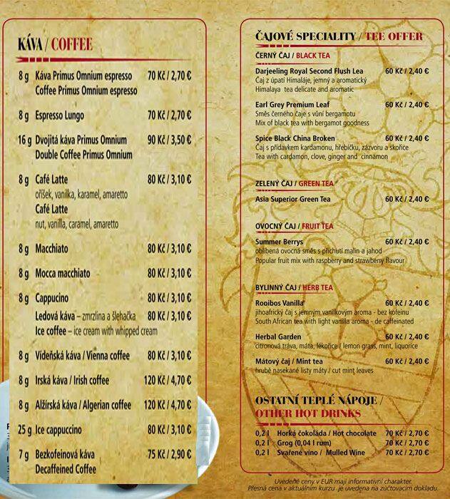 Menu at Café Rožmberský palác cafe, Prague