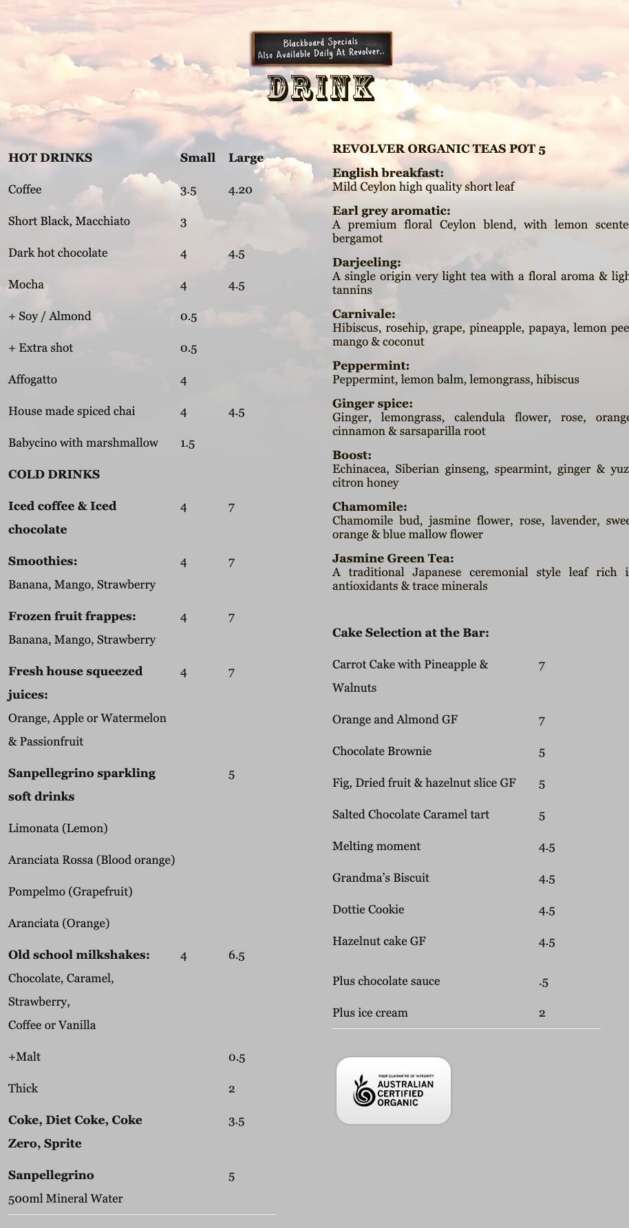 Menu at Revolver Cafe, Annandale