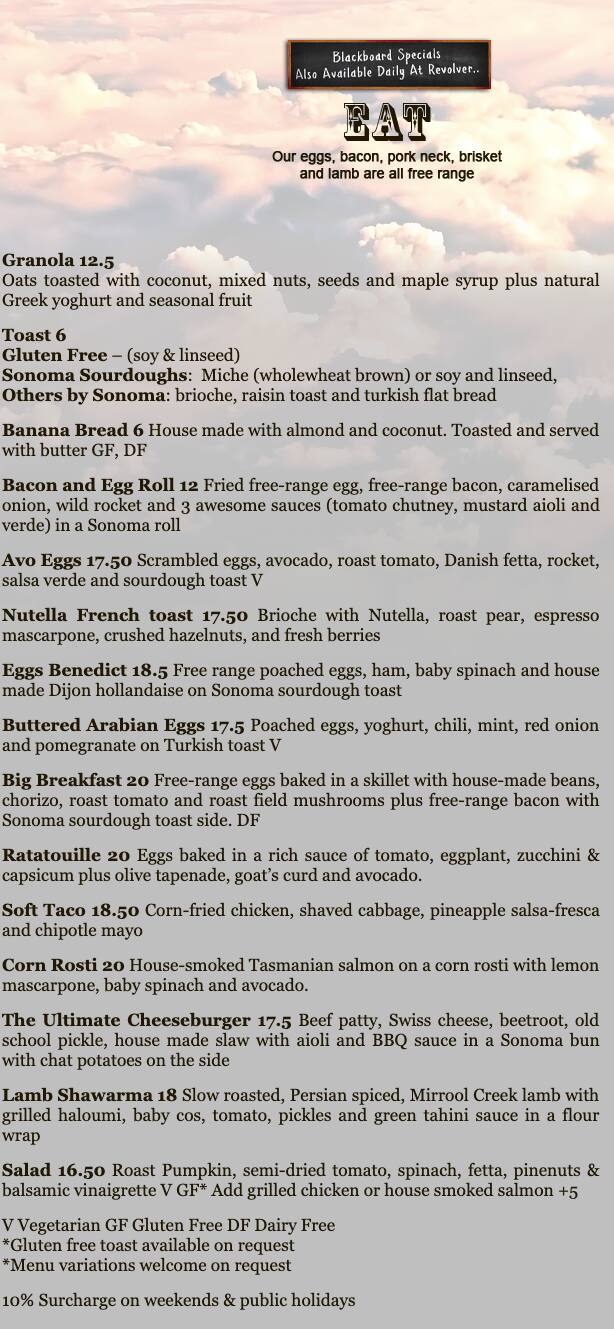 Menu at Revolver Cafe, Annandale