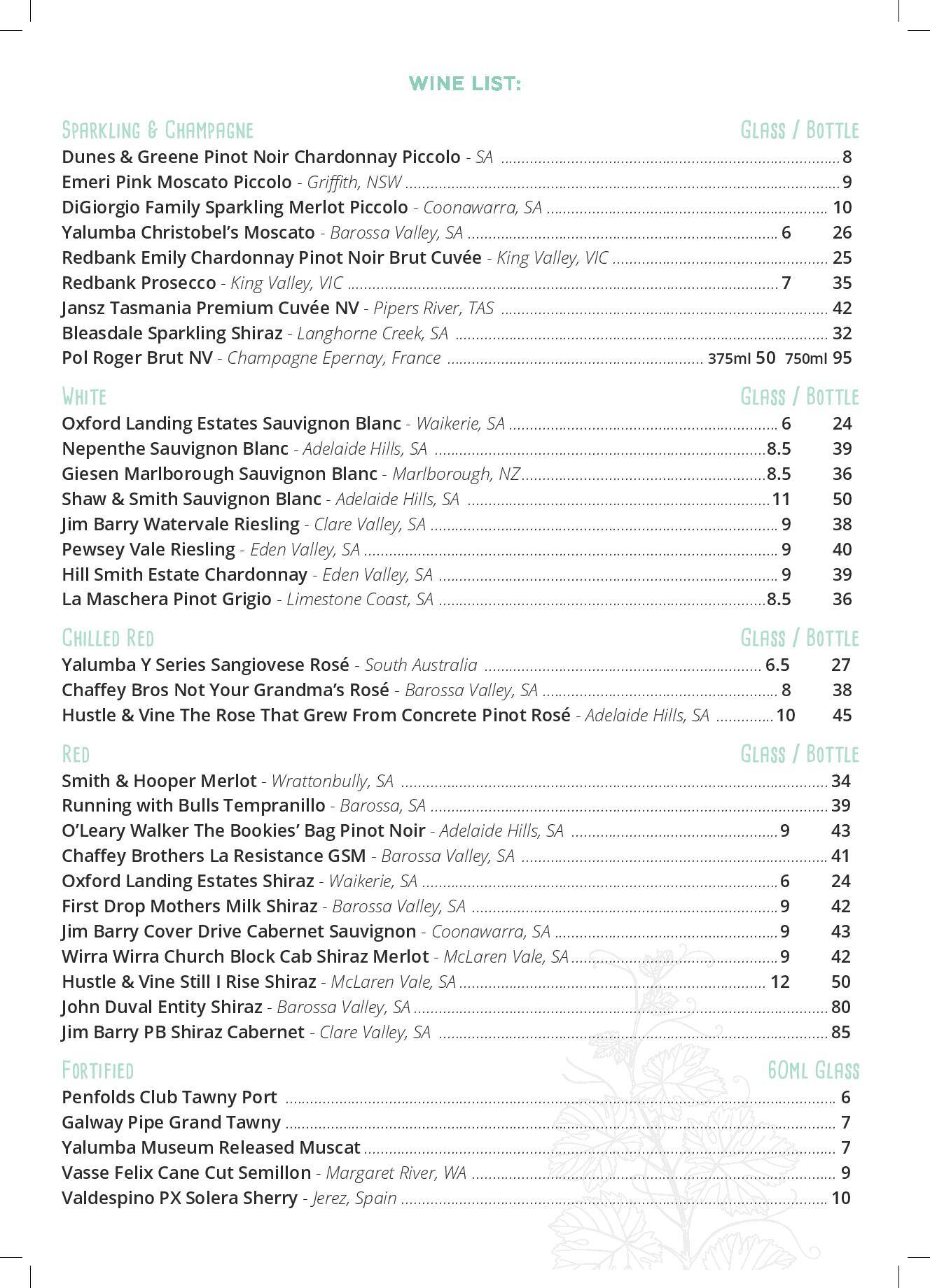 Menu at The Lighthouse Wharf Hotel pub & bar, Port Adelaide