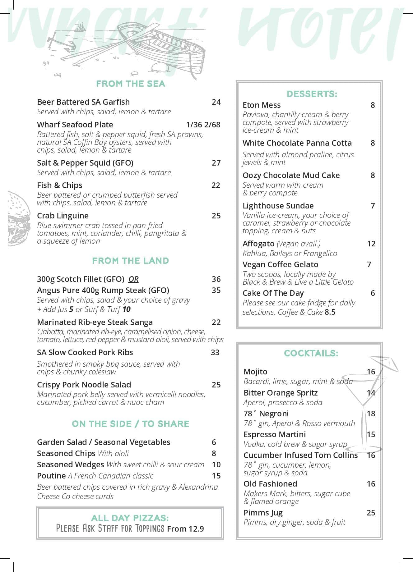 Menu at The Lighthouse Wharf Hotel pub & bar, Port Adelaide