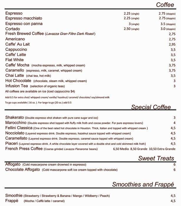 Fellini Caffe menu, Menu restauracji Fellini Caffe, Galleria, Houston ...