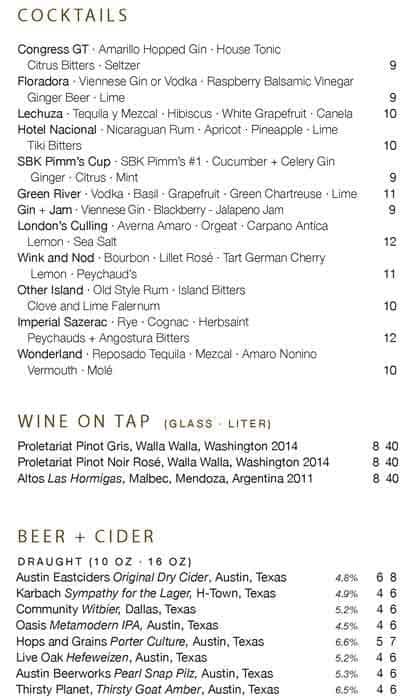 Menu at Second Bar + Kitchen, Austin, The Austonian