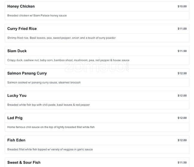 Menu at Siam Palace restaurant, Miami, SW 72nd St