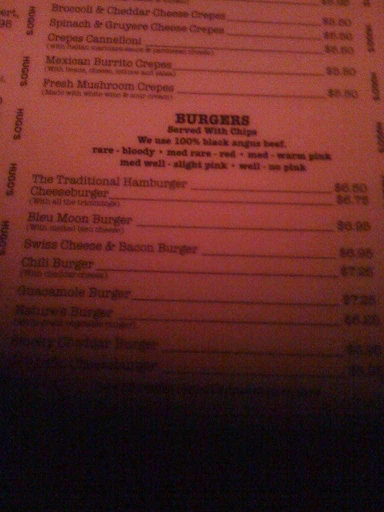 Menu at Hugo's pub & bar, Fayetteville
