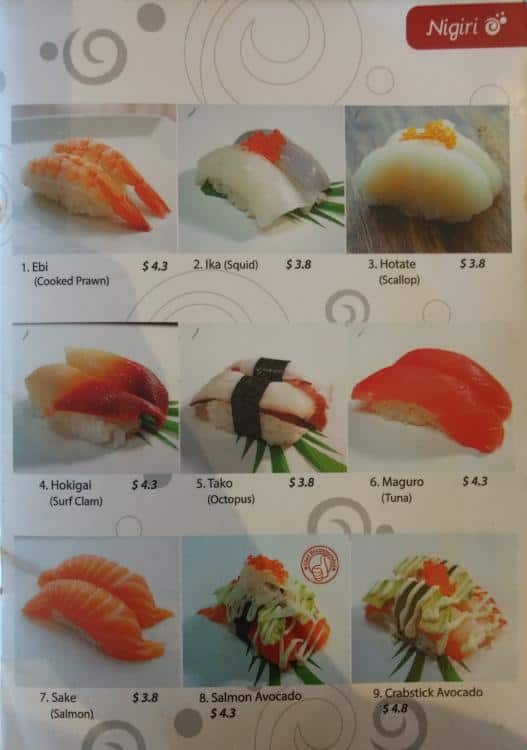 Menu at Isushi restaurant, Ipswich