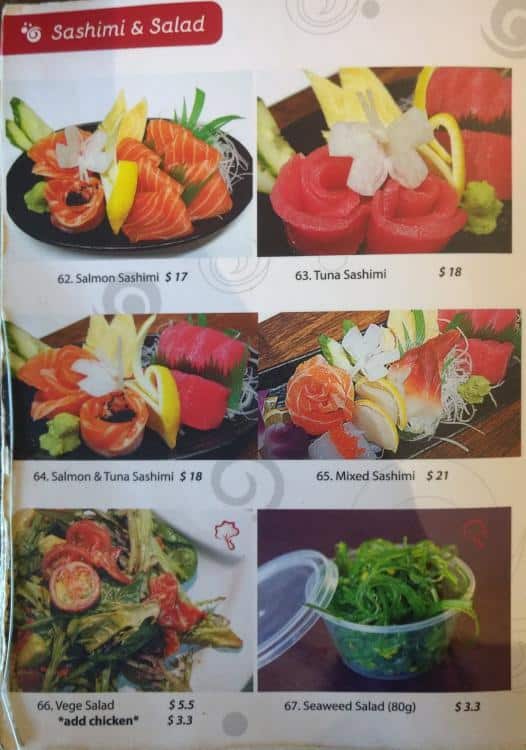 Menu at Isushi restaurant, Ipswich