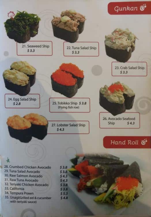 Menu at Isushi restaurant, Ipswich