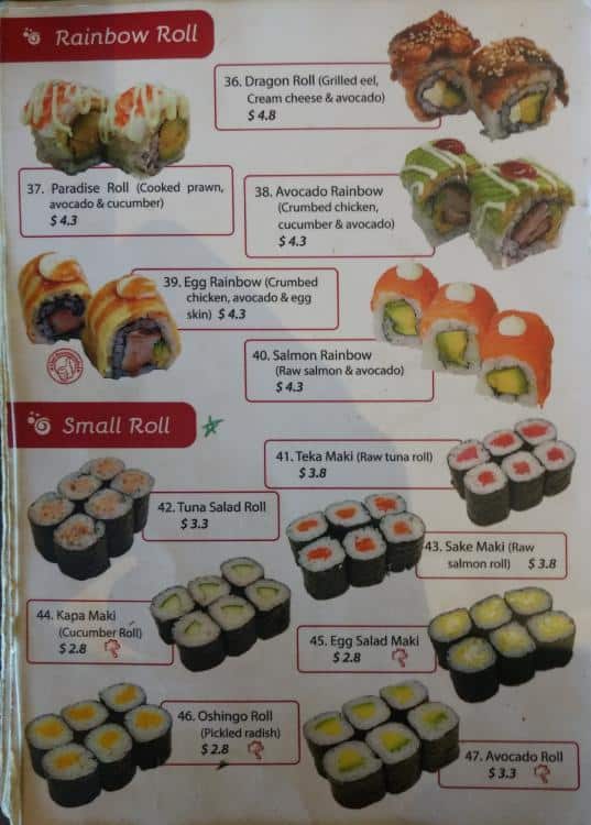 Menu at Isushi restaurant, Ipswich