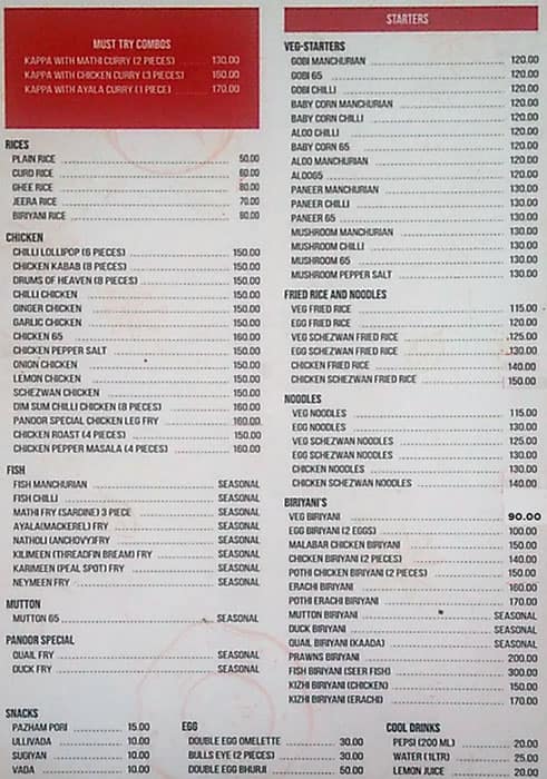 Menu of Kerala Panoor Restaurant, Bellandur, Bangalore