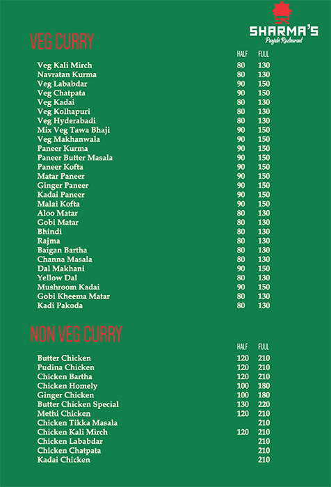 Menu at Sharma's Punabi Restaurant, Bengaluru