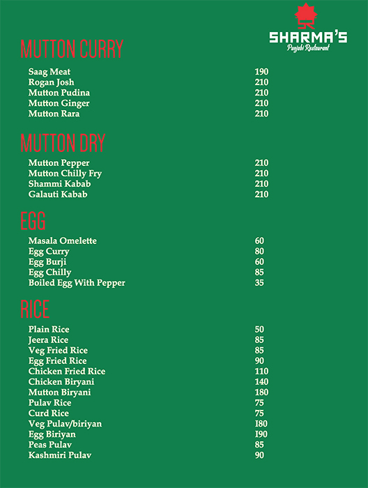 Menu at Sharma's Punabi Restaurant, Bengaluru