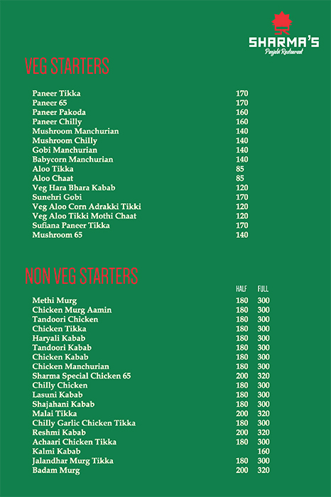 Menu at Sharma's Punabi Restaurant, Bengaluru