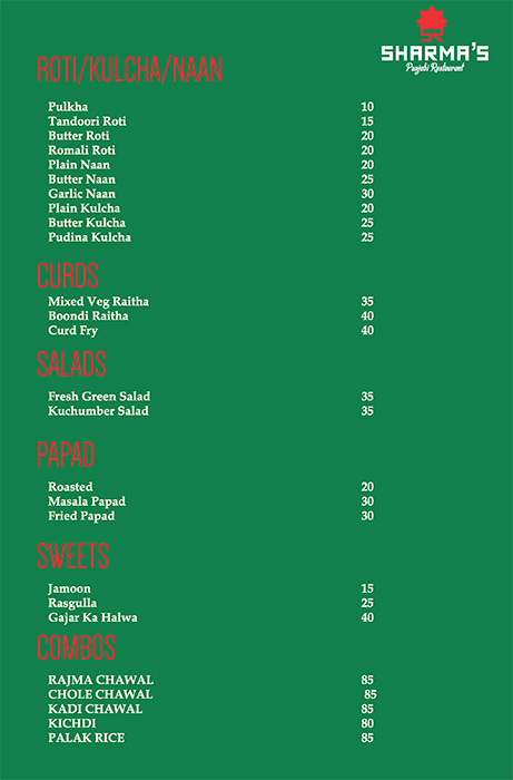 Menu at Sharma's Punabi Restaurant, Bengaluru