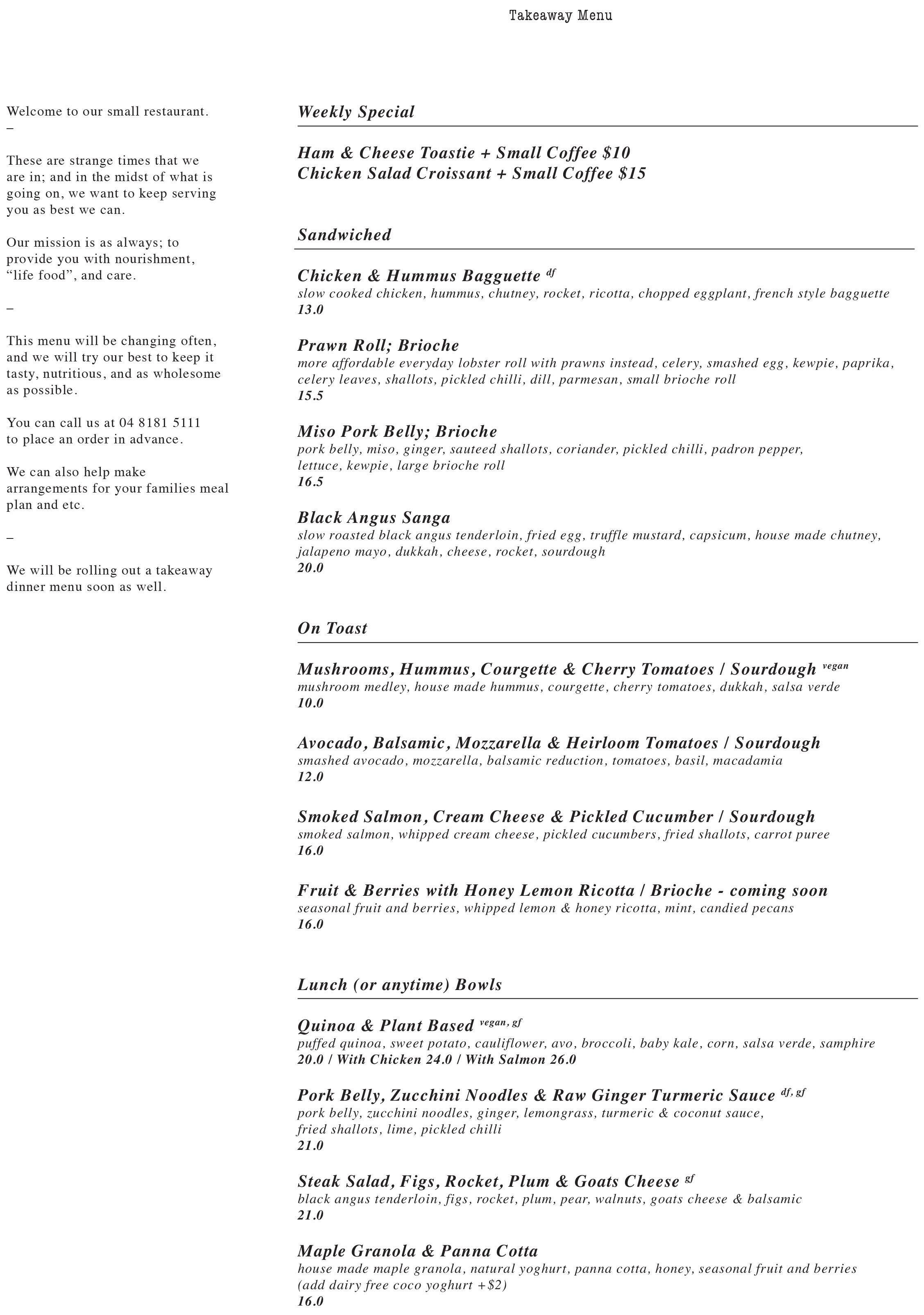 Menu at Arrival Hall cafe, Northbridge