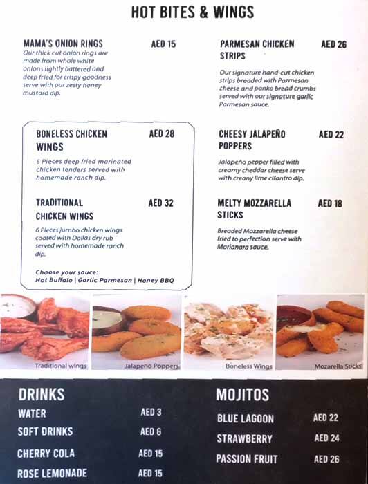 Menu at Dallas restaurant, Sharjah