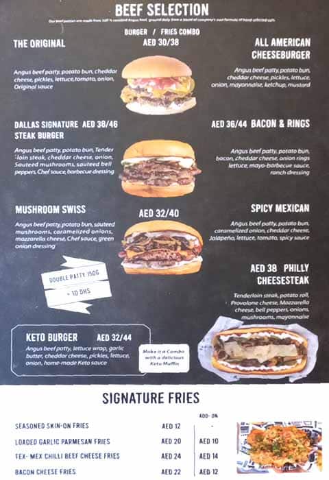 Menu at Dallas restaurant, Sharjah