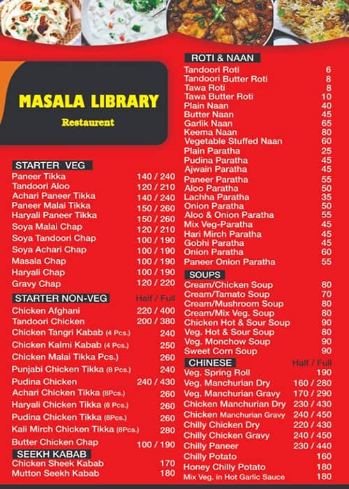 Menu of Masala Library, Sector 33, Gurgaon