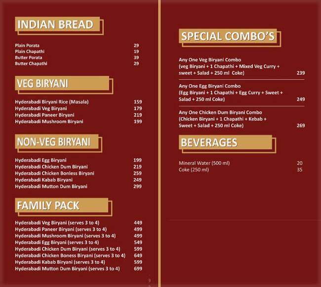 Menu at Hyderabadi Biryani Paradise, Bengaluru