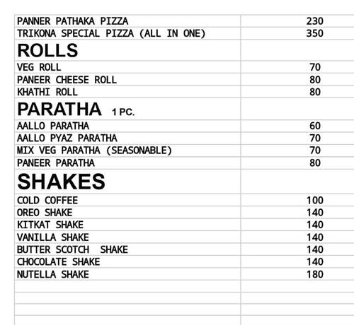 Menu at Trikona cafe kota, Kota