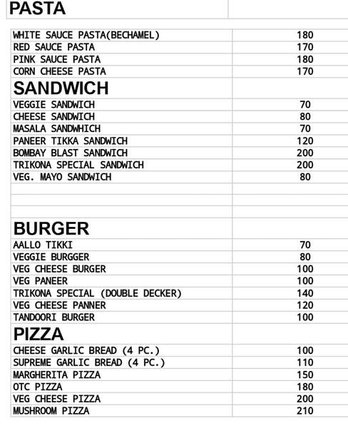 Menu at Trikona cafe kota, Kota