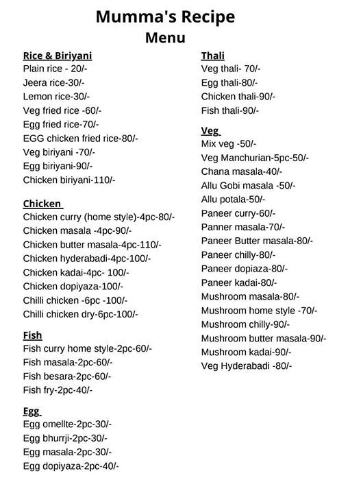 Menu of Mumma's Recipe, Nilachakra Nagar, Puri