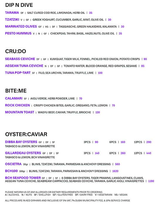 Menu of BCH:CLB, Palm Jumeirah, Dubai