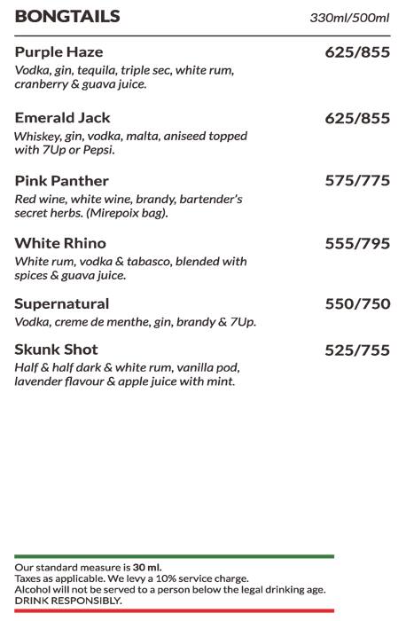 Menu of Raasta, DLF Cyber City, Gurgaon