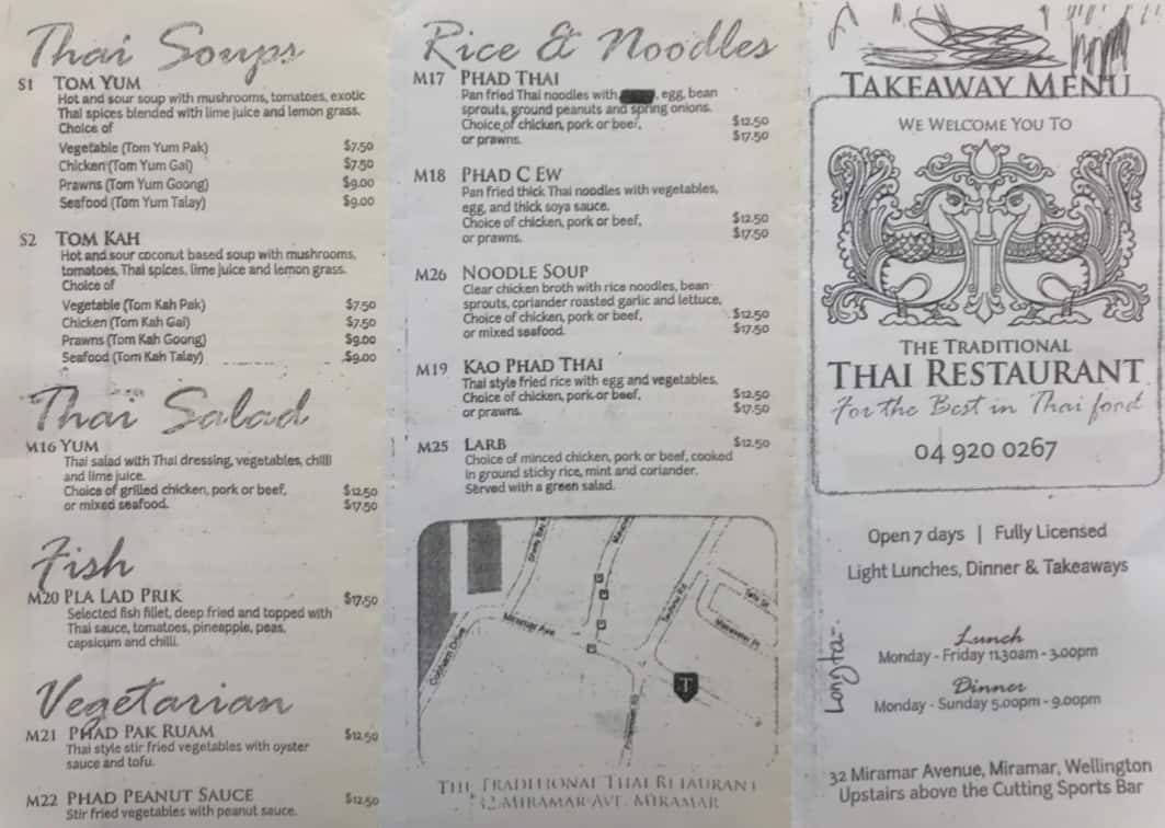Menu at Long Thai restaurant, Wellington