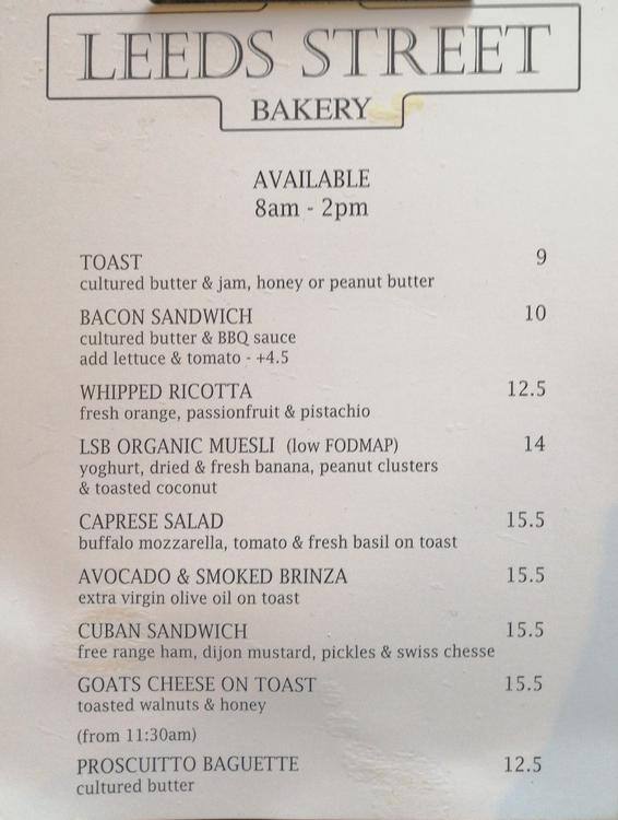 Menu at Leeds Street Bakery, Wellington