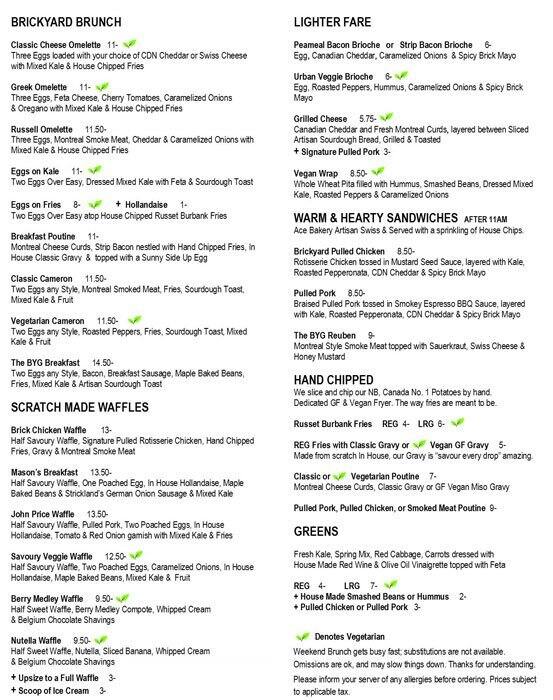 Menu at Brickyard Grounds cafe, Toronto