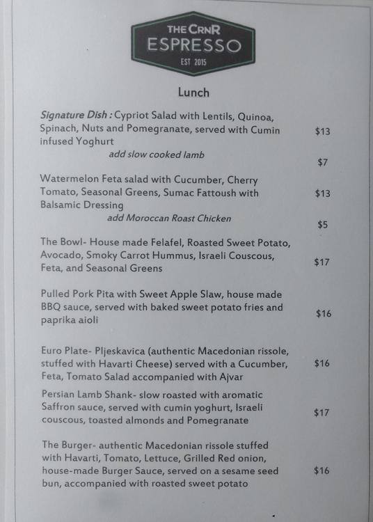 Menu at The CrnR Espresso pub & bar, Caringbah