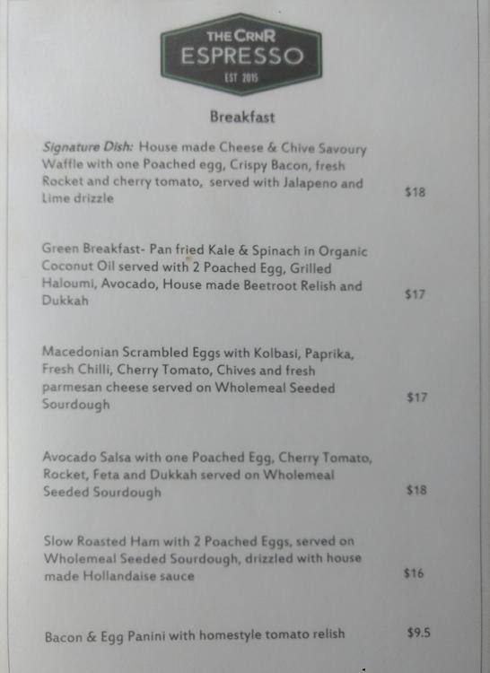 Menu at The CrnR Espresso pub & bar, Caringbah