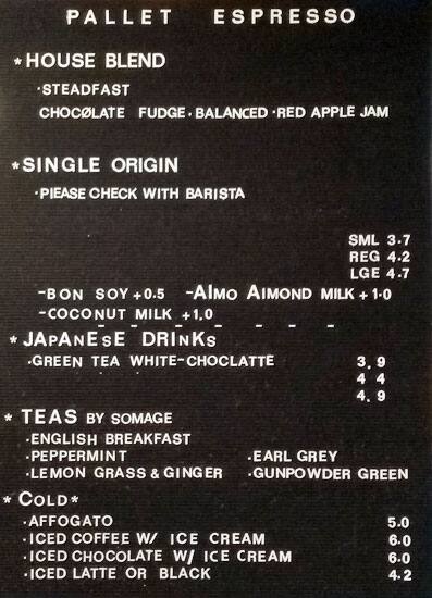 Carta del café Pallet Espresso, Melbourne
