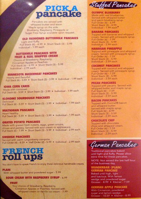Menu at Pancake Haus restaurant, Edmonds