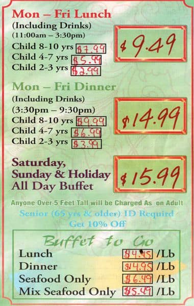 Menu at Lucky Buffet restaurant, Everett