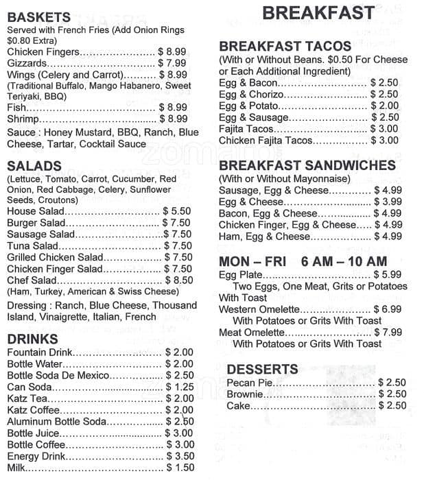 Menu at Rachel's Cafe, Houston