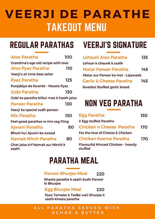 Menu of Veerji De Parathe, Sushant Lok, Gurgaon