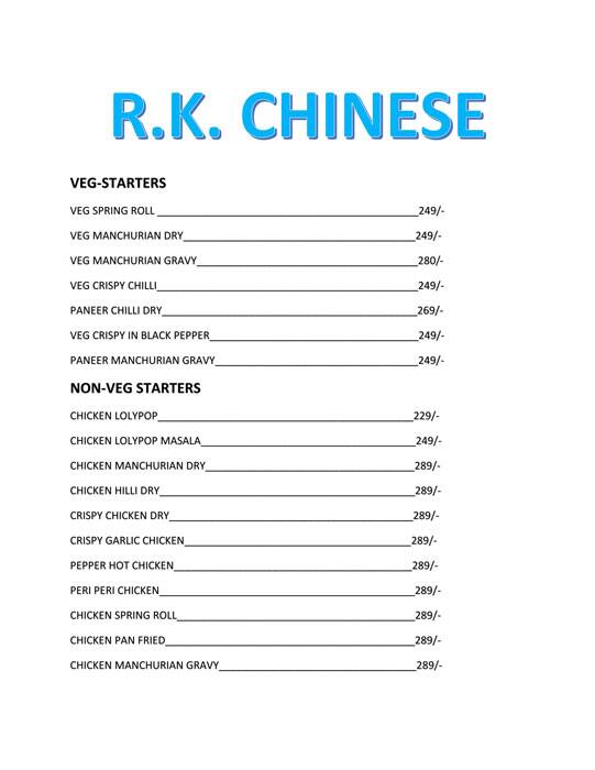 Menu of RK Chinese, Yerawada, Pune