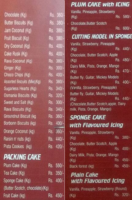Menu at Golden Crown Bakery, Visakhapatnam
