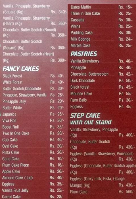 Menu at Golden Crown Bakery, Visakhapatnam