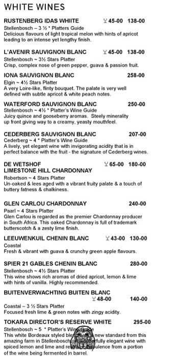 Menu at Elangeni restaurant, Durban