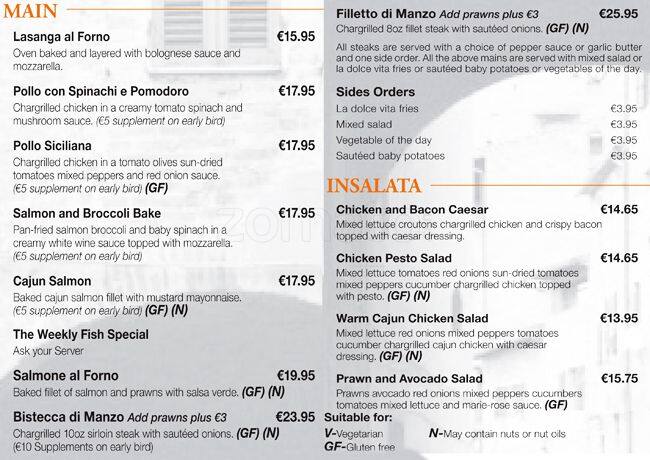 Menu at La Dolce Vita restaurant, Dublin, Carmanhall Rd