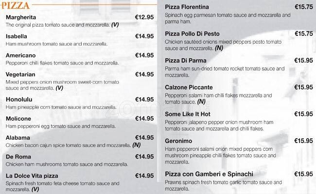 Menu at La Dolce Vita restaurant, Dublin, Carmanhall Rd